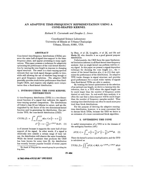 Pdf An Adaptive Time Frequency Representation Using A Cone Shaped Kernel