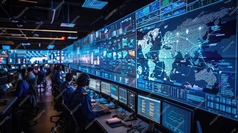 Cybersecurity Operations Center A Bustling Hightech Operations Center With Large Screens