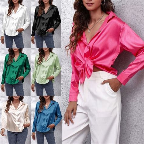 Chemise Boutonnée En Satin De Soie Pour Femme Ol Work Ladies V Neck Lapel Ebay