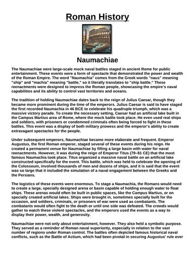 Roman Naumachiae Article And Questions” Assignment Teaching Resources