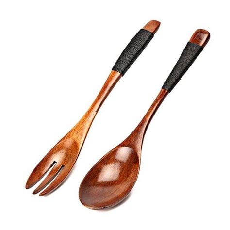 2 Pieces Set Wooden Cutlery Japanese Fork Spoon Long Handle Wooden