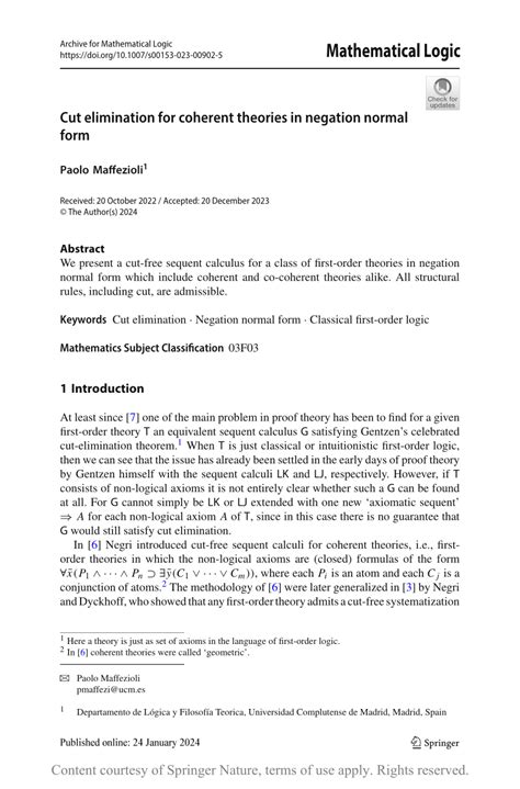 Pdf Cut Elimination For Coherent Theories In Negation Normal Form