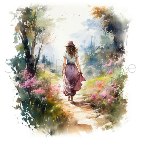 20  Woman Walking Forest Path Watercolor Digital Download Commercial