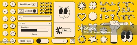 복고풍 네오 브루탈리즘 스타일의 사용자 인터페이스 Ui Ux 디자인을 위한 요소 순진한 창백한 모양과 얼굴 노란색 배경에 단색