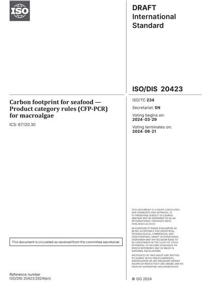 ISO DIS 20423 2024 Carbon Footprint For Seafood Product Category Rules CFP PCR For Macroalgae