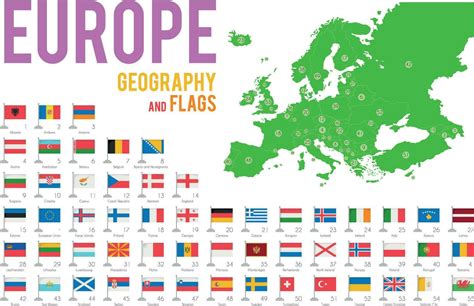 Set Of 56 Flags Of Europe Isolated On White Background And Map Of