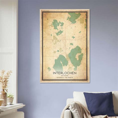 Vintage Interlochen Michigan Map Poster Interlochen Mi City Road Wall