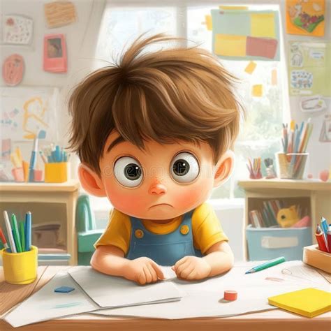 Little Boy Doing Homework At Desk Cartoon Illustration Stock