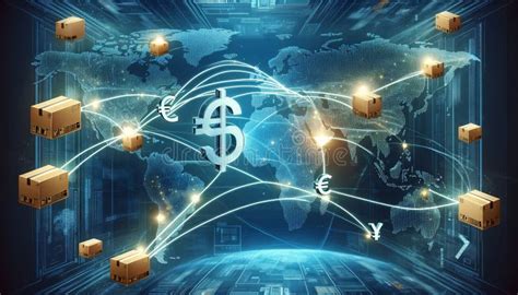 Global Trade Flow With Currency Symbols And Shipping Lines Stock