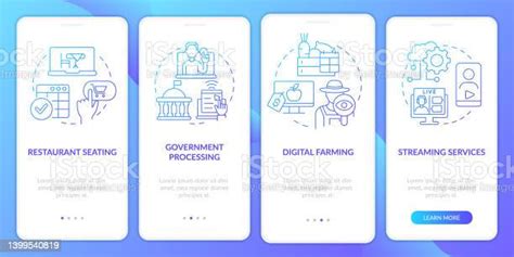 디지털 퍼스트 서비스 블루 그라디언트 온보딩 모바일 앱 화면 Brand Name Smart Phone에 대한 스톡 벡터 아트 및 기타 이미지 Brand Name