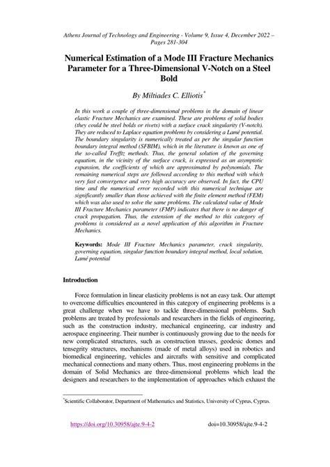 PDF Numerical Estimation Of A Mode III Fracture Mechanics Parameter For A Three Dimensional V