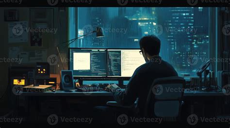 A Programmer Working Late At Night In A Modern Office Overlooking A