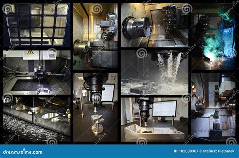 Photo Collage Of Cnc Machine Turning Milling Measuring Welding Edm Stock Image Image Of