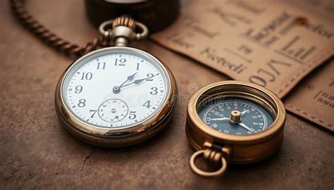 Vintage Compass And Watch Antique Navigation And Timekeeping Stock