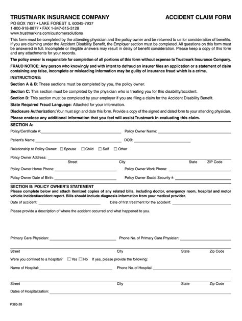 Trustmark Insurance Company P383 28 Form Fill Online Printable