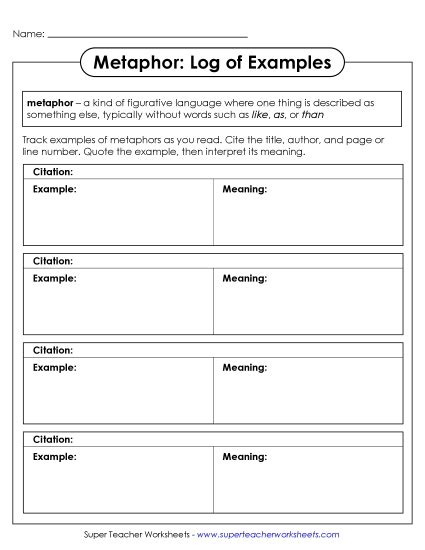 Metaphor Log Of Examples Printable Similes Metaphors Metaphor Example