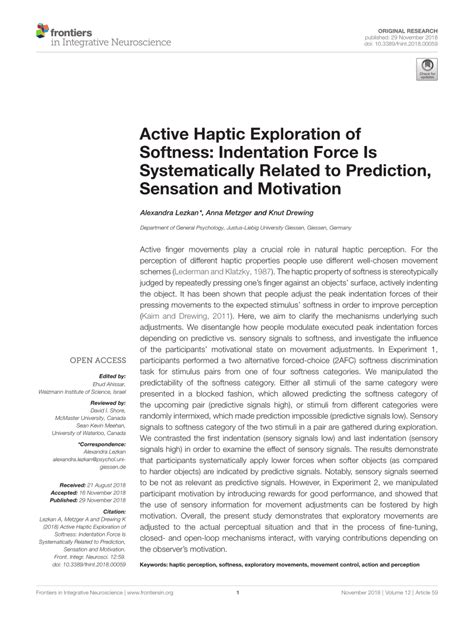 Pdf Active Haptic Exploration Of Softness Indentation Force Is Systematically Related To