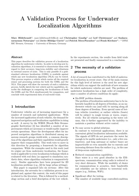 Pdf A Validation Process For Underwater Localization Algorithms