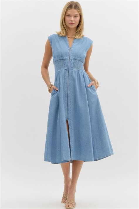 Light Blue Denim Sleeveless Midi Dress W Pockets Magnolia Too Boutique