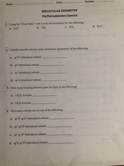 Solved Section Date Name MOLECULAR GEOMETRY Pre Post Chegg Com