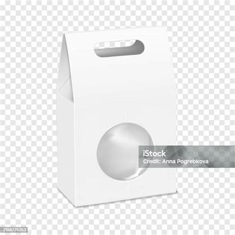 명확한 플라스틱 창을 가진 백색 빈 접히는 마분지 박공 상자는 커트 나르는 손잡이를 죽습니다 사실적인 3d 벡터 모형 종이 선물 가방 투명 포장 모형 디자인용 템플릿 3차원