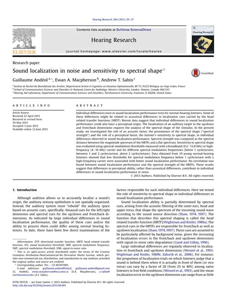 Pdf Sound Localization In Noise And Sensitivity To Spectral Shape