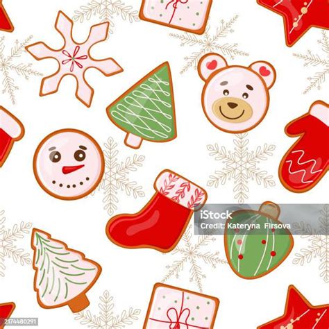크리스마스 진저 브레드 설탕 유약 쿠키 및 황금 눈송이에서 완벽 한 겨울 음식 패턴 벡터 배경 눈사람 별 양말 나무 디자인 장식 포장 벽지 커버 섬유 겨울에 대한 스톡 벡터