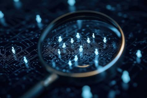 Magnifying Glass Focuses On Manager Icon Amid Diverse Staff Icons On Tech Circuit Board Hr