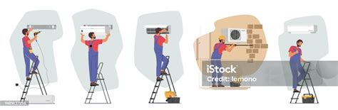 에어컨 시스템 수리 및 설치를 설정하십시오 수리공 설치 검사 및 냉각 장비 수리 에어컨에 대한 스톡 벡터 아트 및 기타 이미지