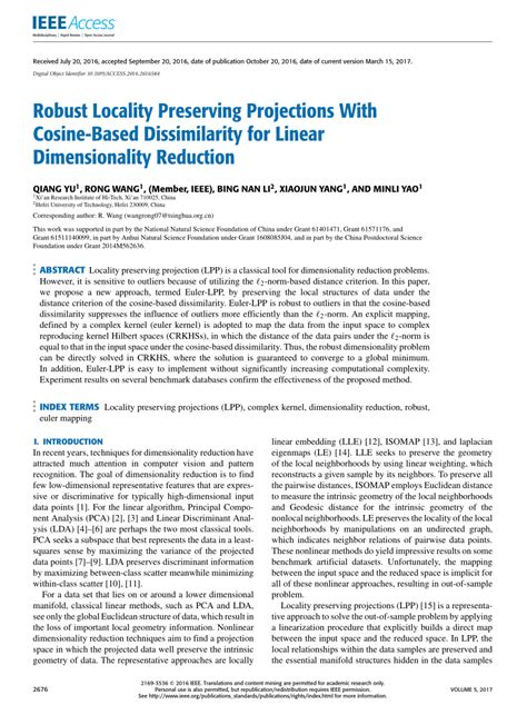 PDF Robust Locality Preserving Projections With Cosine Based Dissimilarity For Linear
