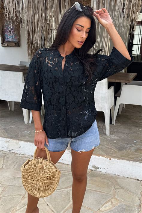 Black Floral Lace Short Sleeve Shirt Ax Paris