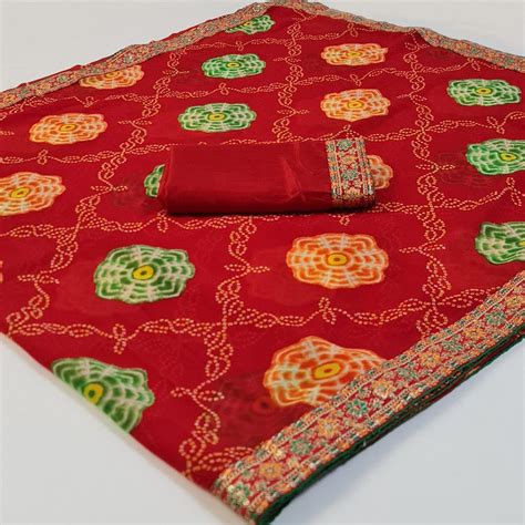 Red Bandhani Printed Georgette Saree