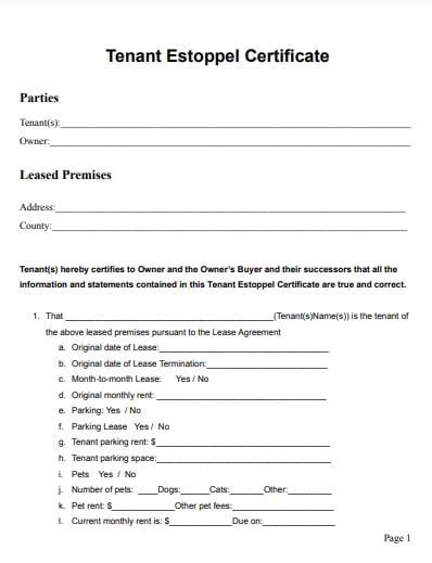 Tenant Estoppel Certificate Rentce
