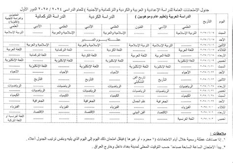 جدول امتحانات السادس اعدادي 2025 الدور الاول
