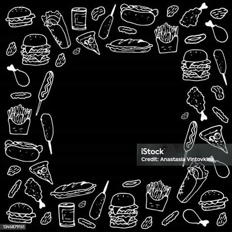 패스트 푸드의 템플릿 아이스크림 크루아상 피자 햄버거 샌드위치 핫도그 낙서 스타일 흰색 고립 된 윤곽의 정사각형 패턴은 레스토랑 디자인 템플릿을위한 빈 사각형 공간이있는