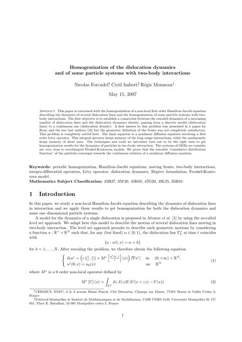 Pdf Homogenization Of Some Particle Systems With Two Body Interactions And Of The Dislocation
