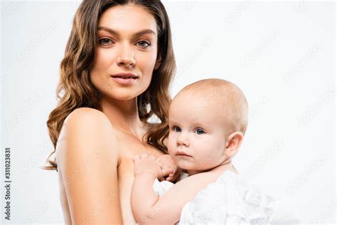 Portrait Of Nude Mother Holding Baby Boy Isolated On White Stock Photo