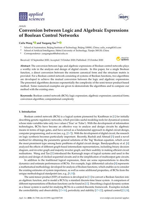 Pdf Conversion Between Logic And Algebraic Expressions Of Boolean Control Networks
