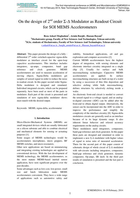 Pdf On The Design Of 2nd Order Σ Δ Modulator As Readout Circuit For Soi Mems Accelerometers