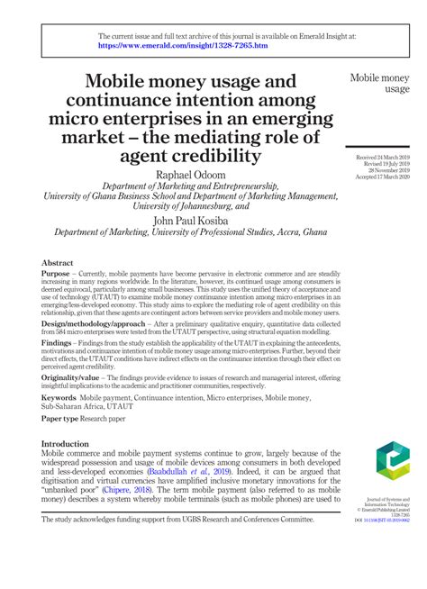 pdf mobile money usage and continuance intention among micro