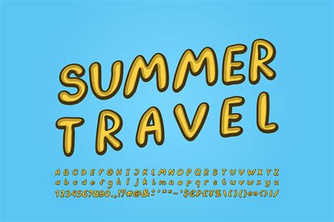 만화 노란색 알파벳 페인트 브러시 기울임꼴 글꼴입니다 대문자 와 소문자 숫자 문장 부호 벡터 일러스트레이션 개체 그룹에 대한
