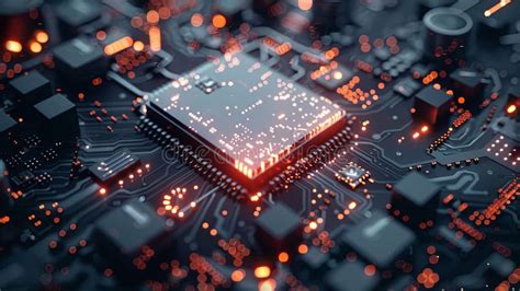 Closeup Of A Modern Microprocessor Or Chip On A Motherboard Surrounded By Digital Data Streams