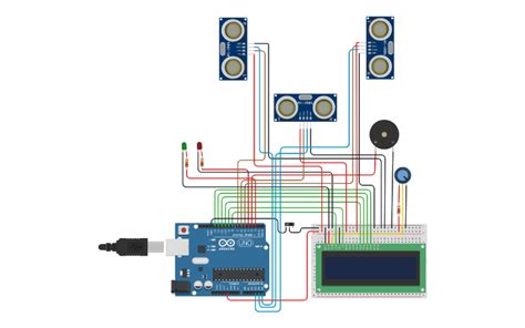circuit design rangkaian deteksi jarak parkir tinkercad