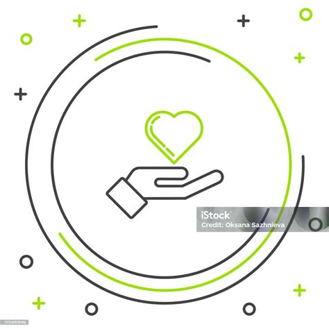 검은색과 초록색 선 하트 온 핸드 아이콘은 흰색 배경에 분리되어 있습니다 사랑의 상징을 주는 손 다채로운 개요 개념입니다 벡터 일러스트레이션 Charity Benefit에