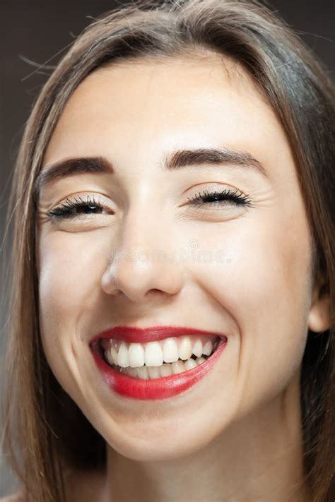 Beautiful Brunette Girl Studio Portrait Smiling Face Expression Stock