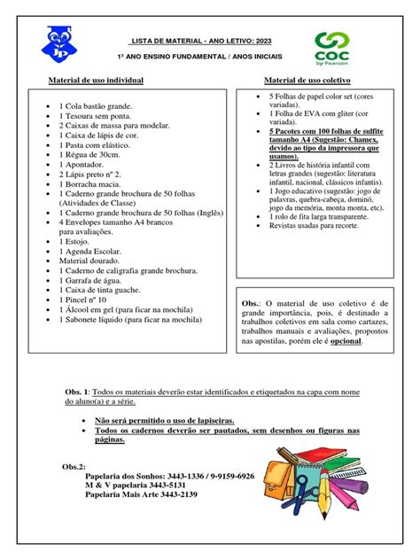 Lista De Materiais Escolares Individual E Coletivo Para O 1o Ano Do