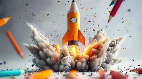 Rocket Launching From Exploding Colorful Pencils In Creative Art Concep