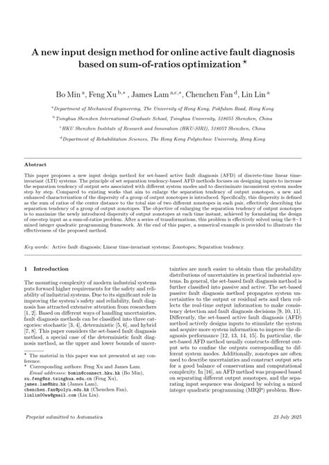 Pdf A New Input Design Method For Online Active Fault Diagnosis Based