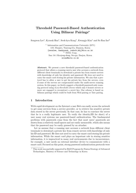 Pdf Threshold Password Based Authentication Using Bilinear Pairings