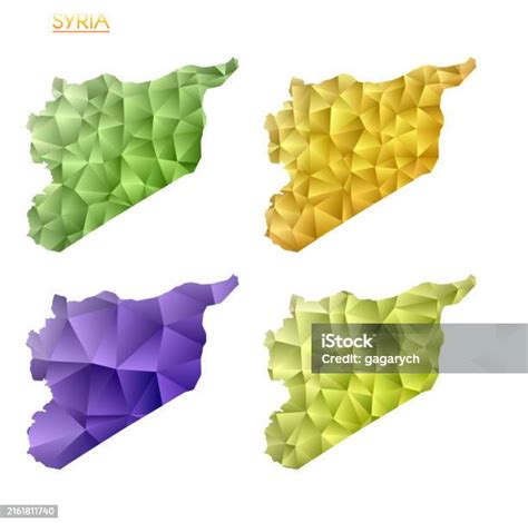 시리아의 벡터 다각형 지도 세트입니다 낮은 폴리 스타일로 국가의 밝은 그라디언트 지도 인포그래픽을 위한 기하학적 스타일의 여러